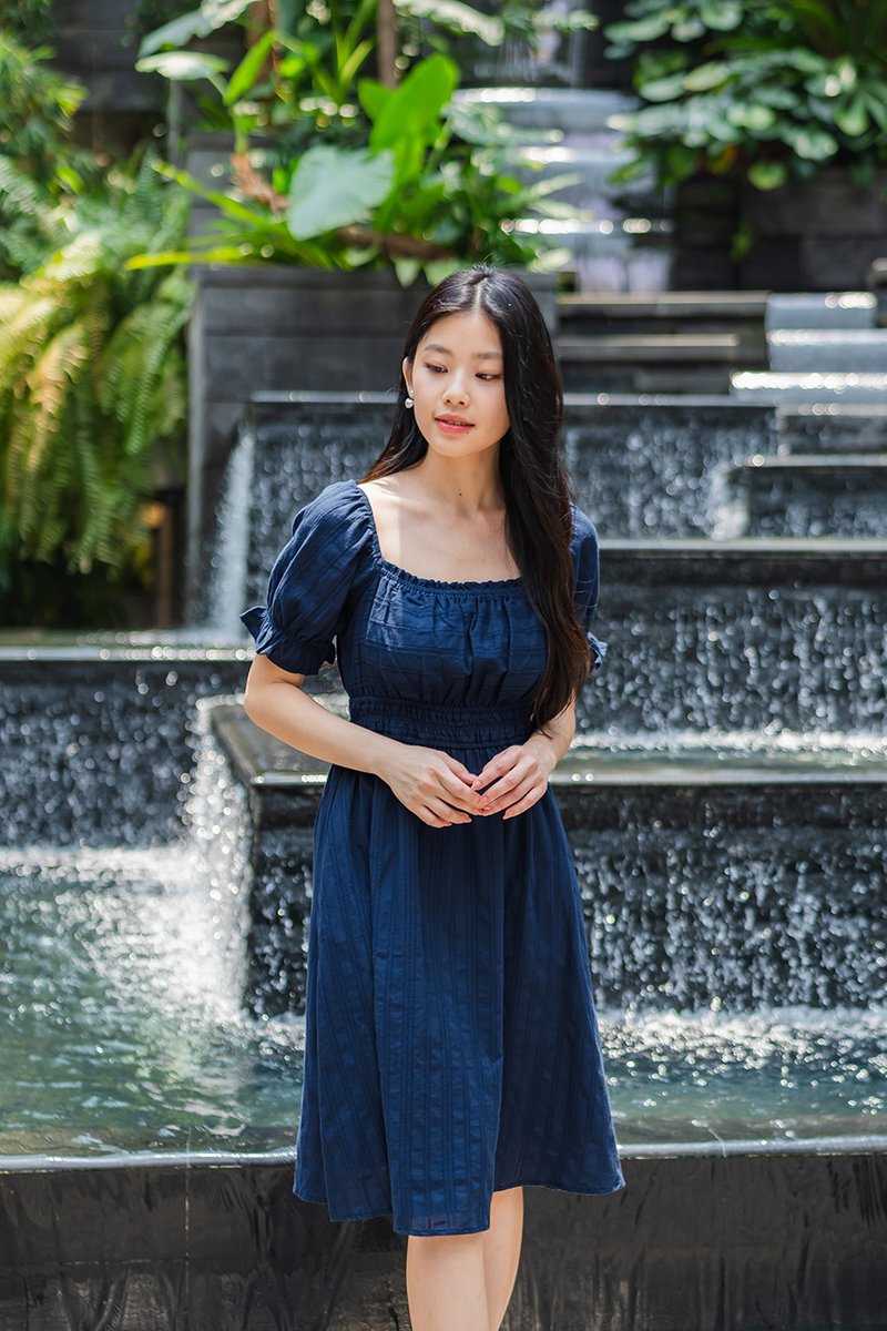 Charlotte Smocked Waist Sleeve Dress In Navy Wardrobe Of Joy