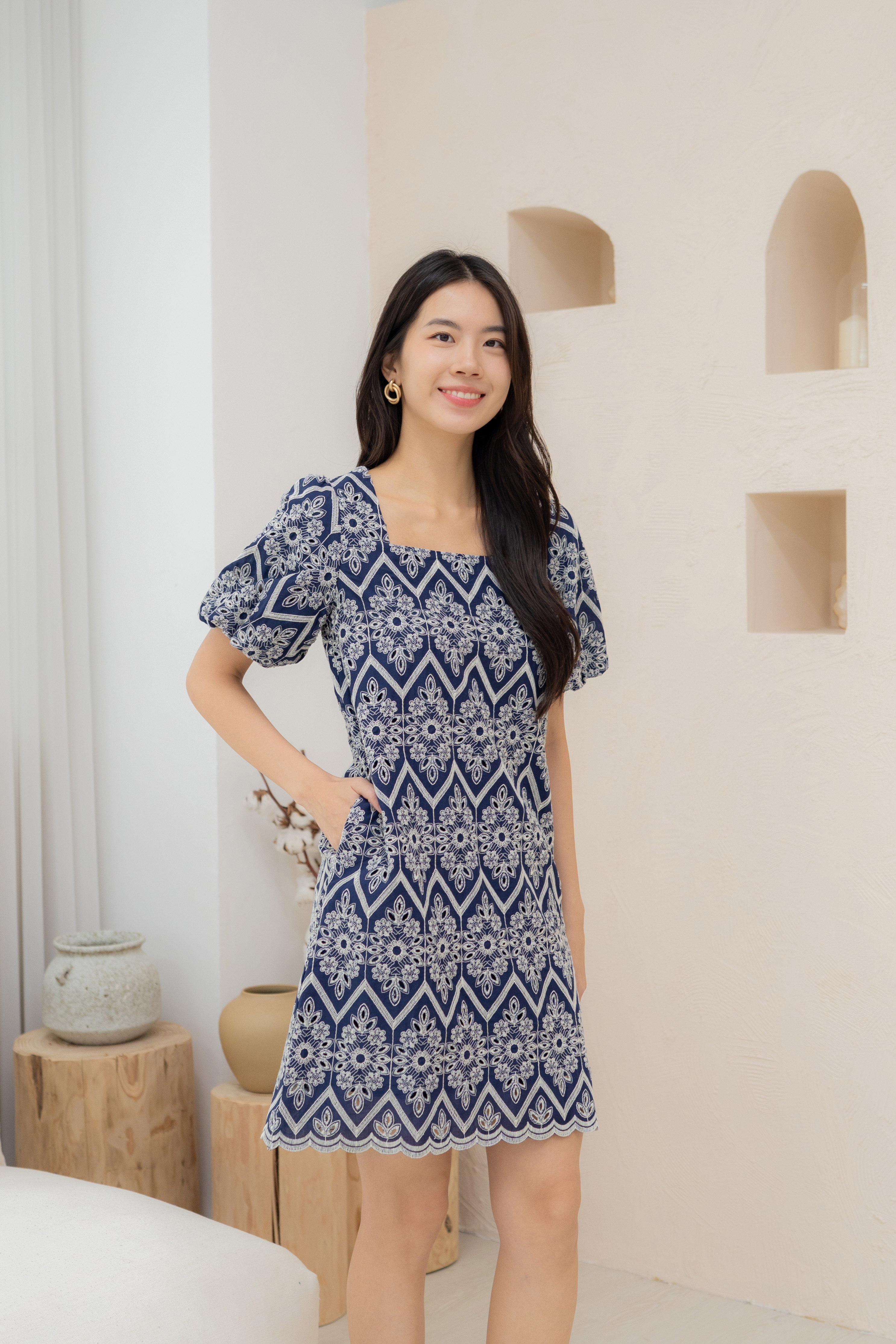 Arabella Embroidery Shift Dress In Navy | Wardrobe of Joy